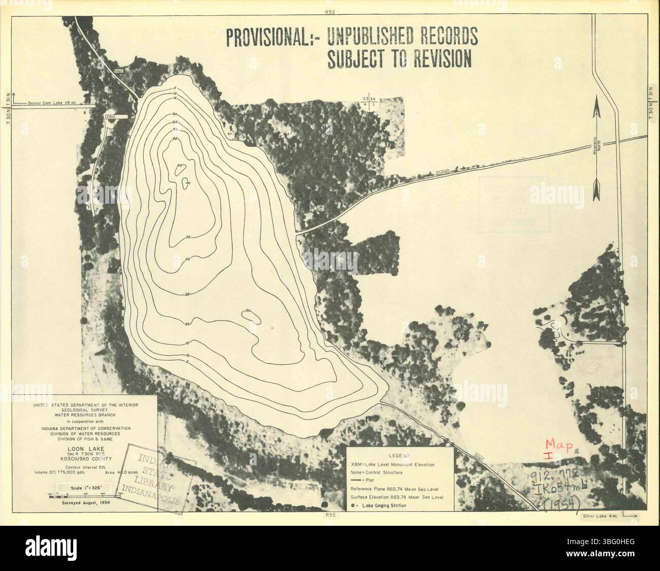 This 1954 map of Loon Lake in Kosciusko County, Indiana, displays lake ...