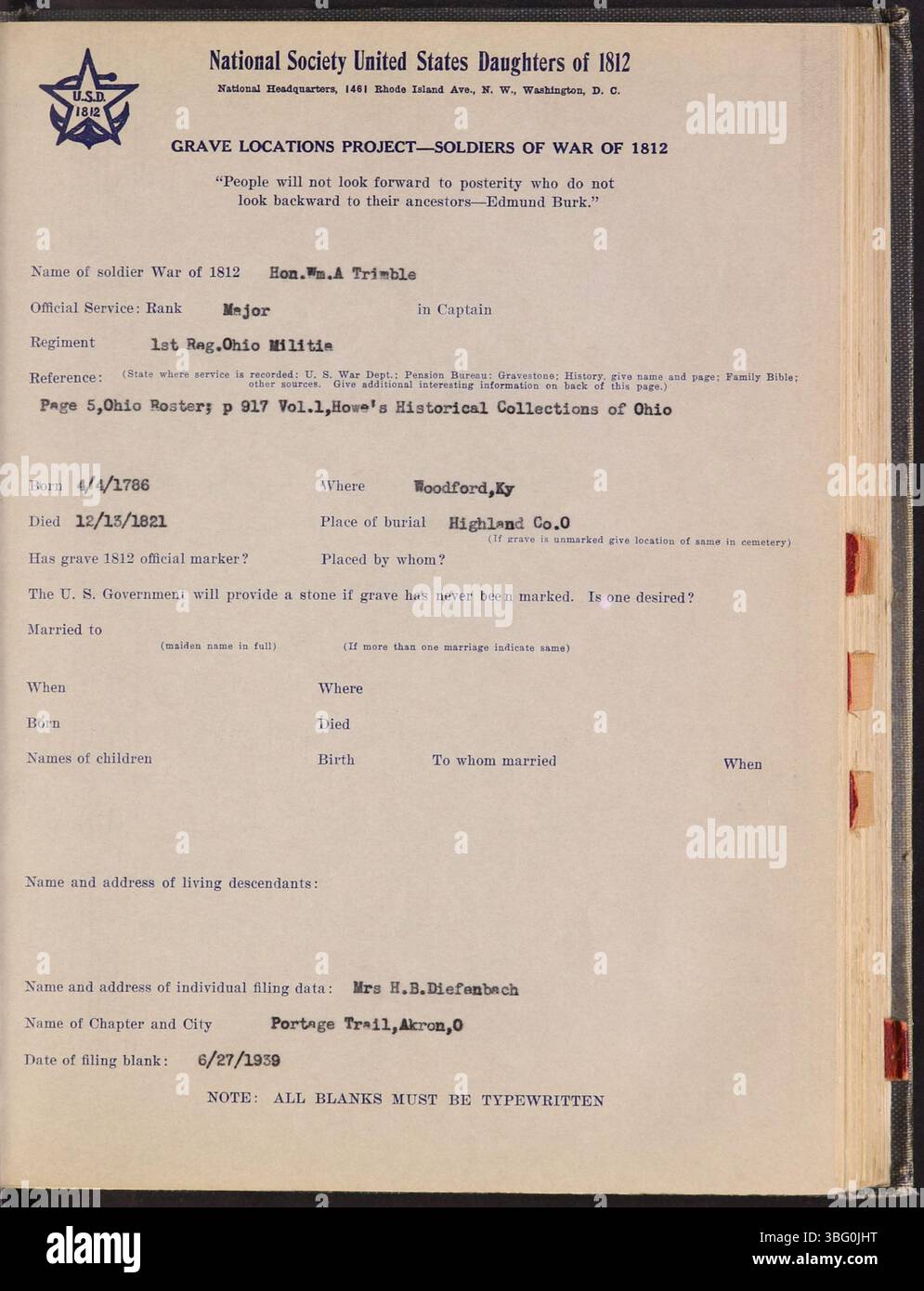 This historical document catalogues the burial places in Ohio of ...