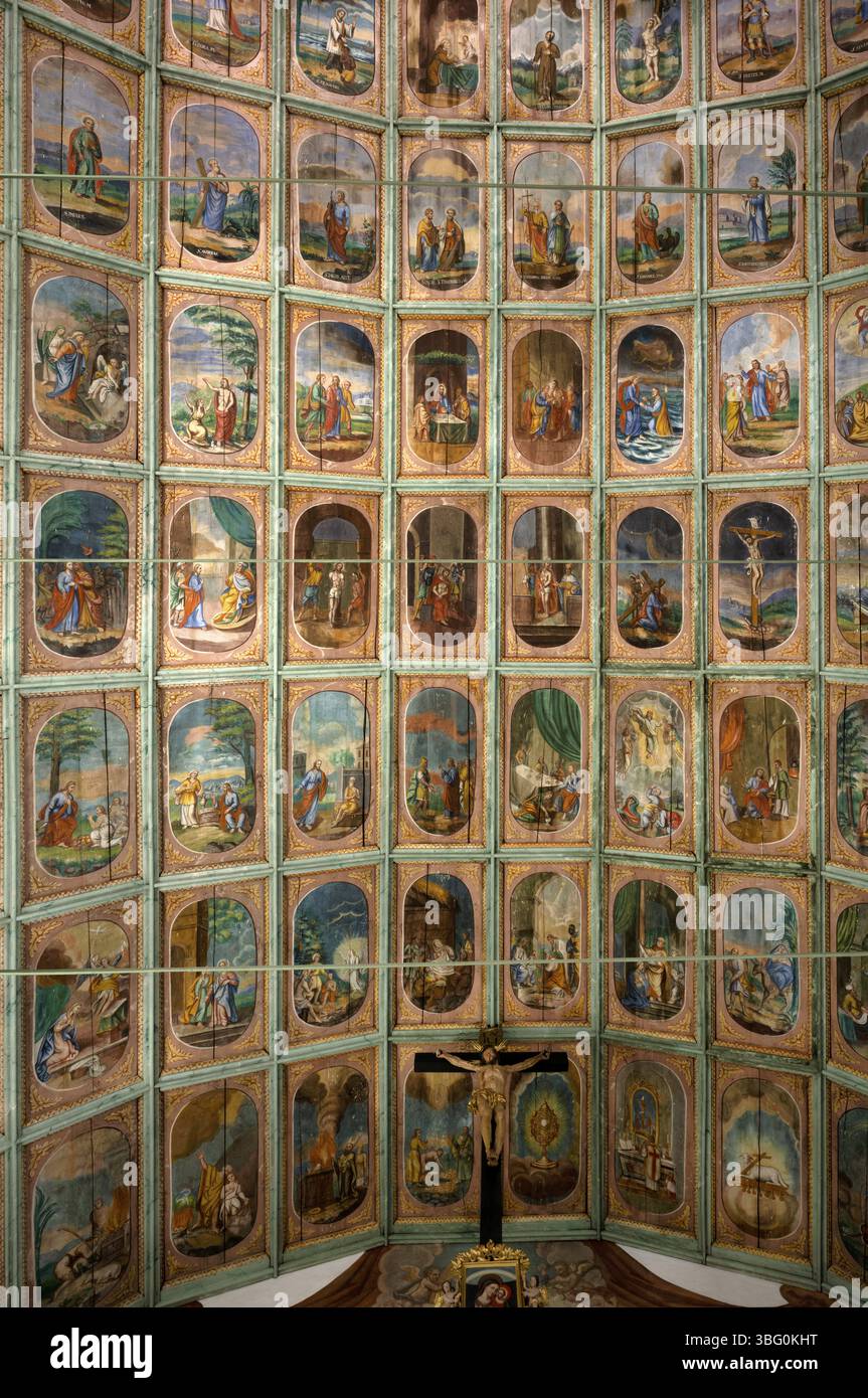 Interior view, church ceiling, wooden ceiling with New Testament scenes ...