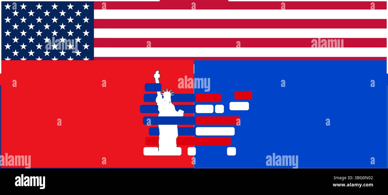 statue of liberty fragmented on red and blue and shape of the map of ...