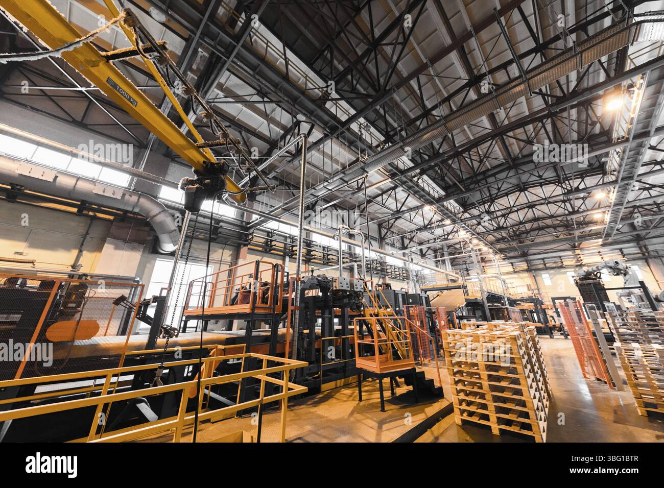 Factory workshop interior and machines on glass production background ...