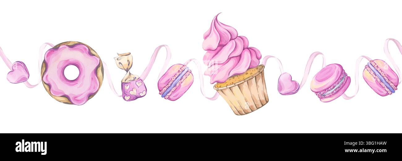 Sweet treats seamless border in pink for girl. Watercolor illustration ...