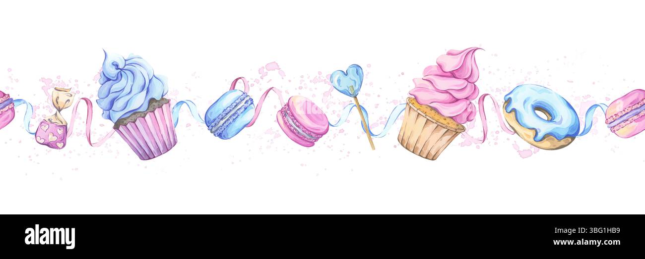 Seamless border with sweets. Festive watercolor illustration. Cupcakes ...