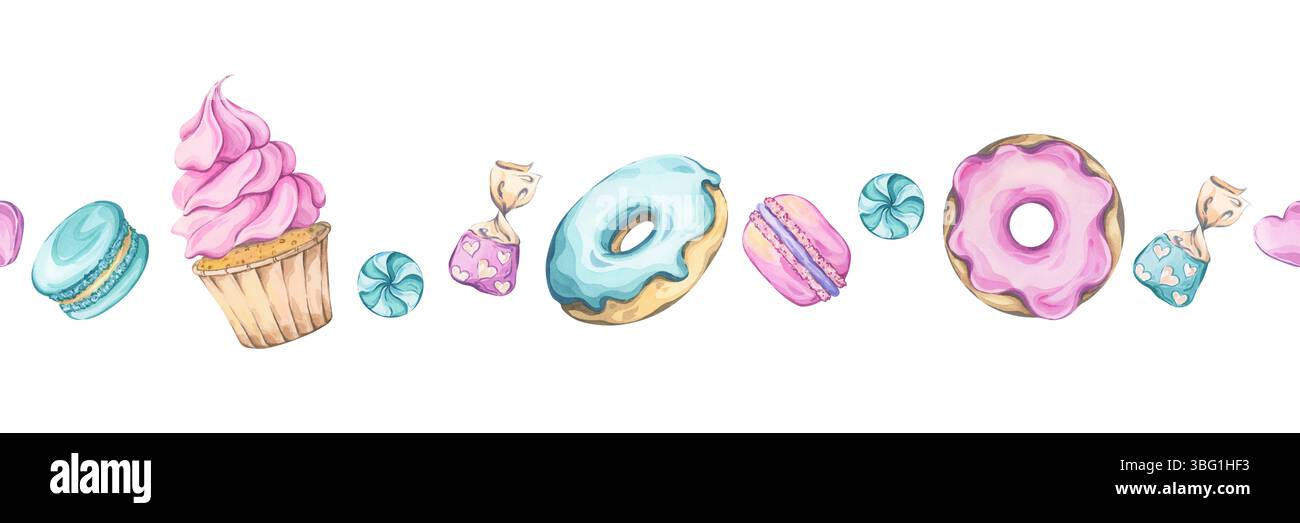 Watercolor sweets seamless border. Cupcakes, donuts, macarons, and ...