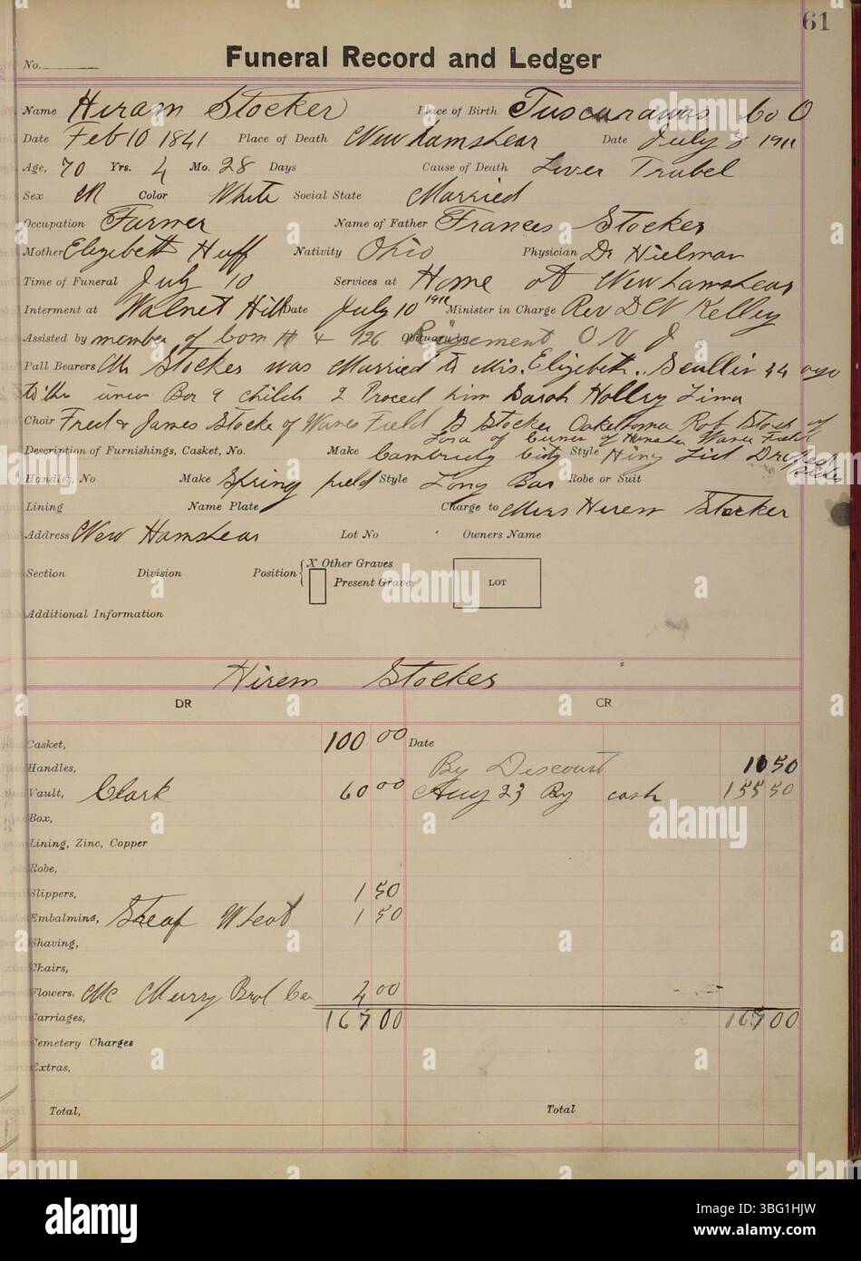 This entry in the Funeral Record and Ledger (1911-1915) from Charles C ...