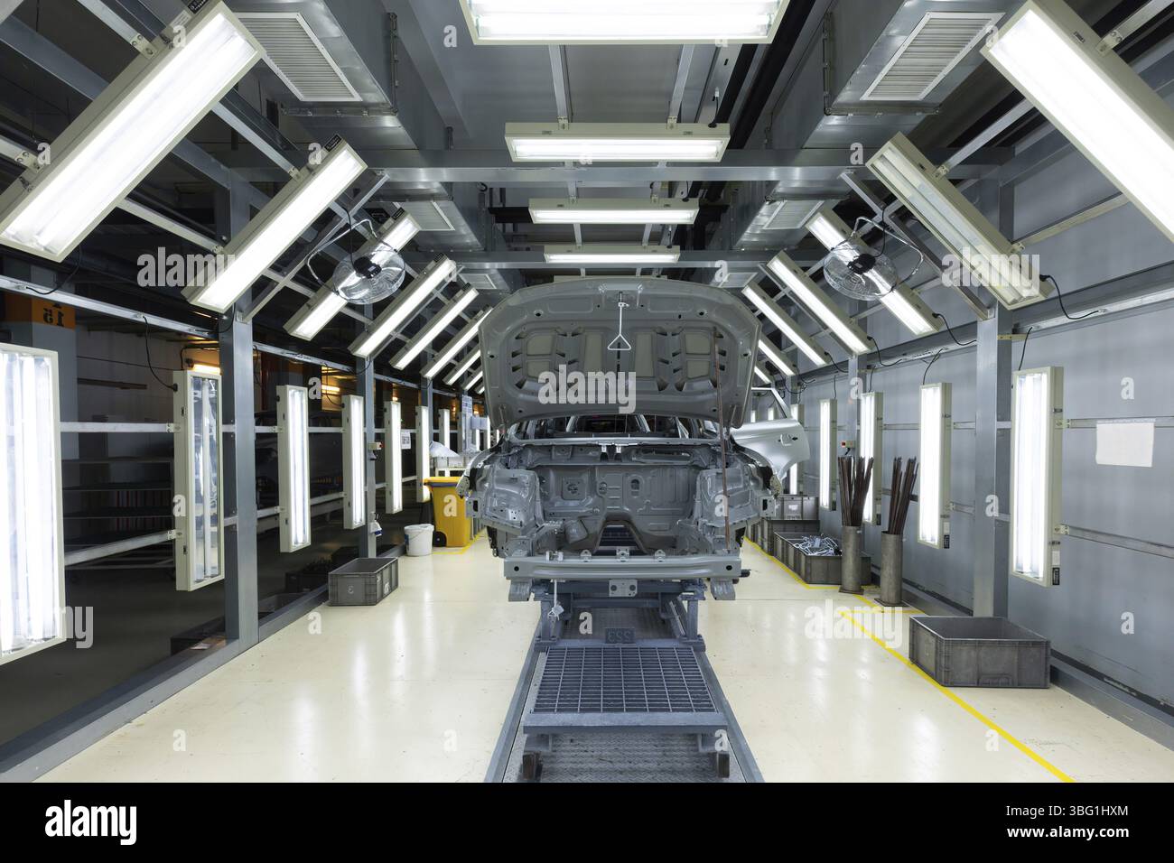 Car body is on assembly line. Factory for production of cars. Modern ...