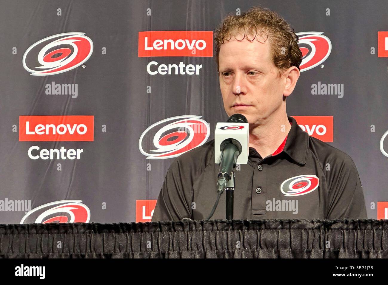Carolina Hurricanes general manager Eric Tulsky speaks during an end-of ...