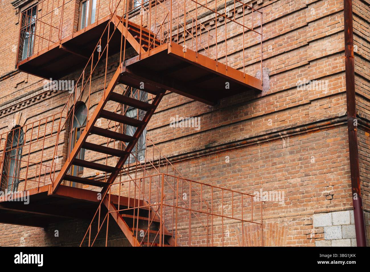 Fire escape stairs and old brick building in Khabarovsk, Russia, Europe ...