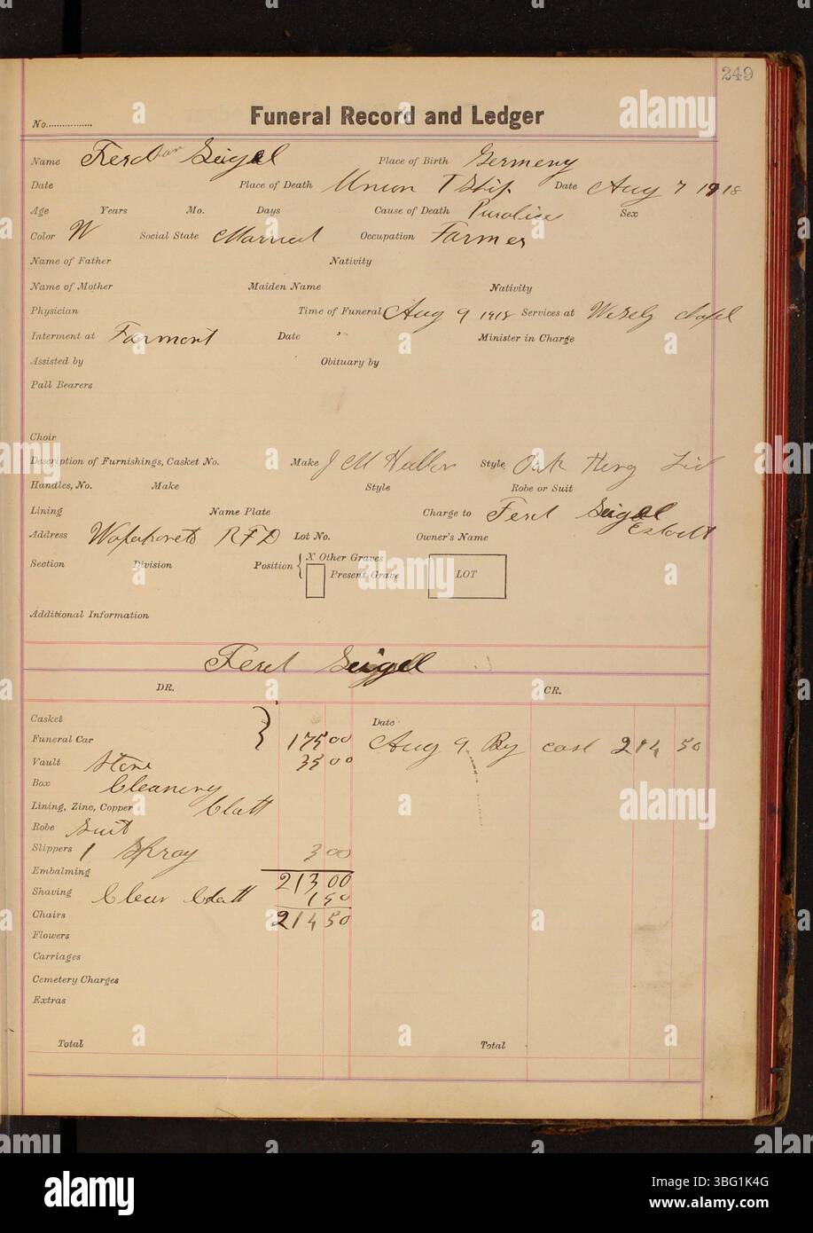 The 1916-1920 Funeral Record and Ledger by Charles C. Siferd lists the details of deceased ...