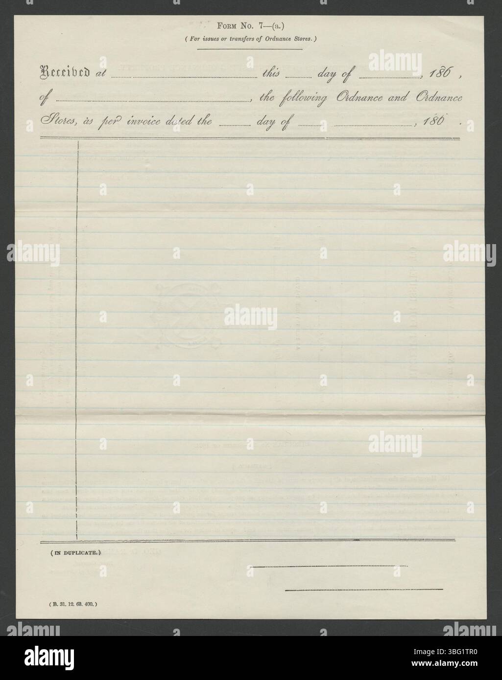 Page 2 of a blank 1863 receipt form used for documenting ordnance ...