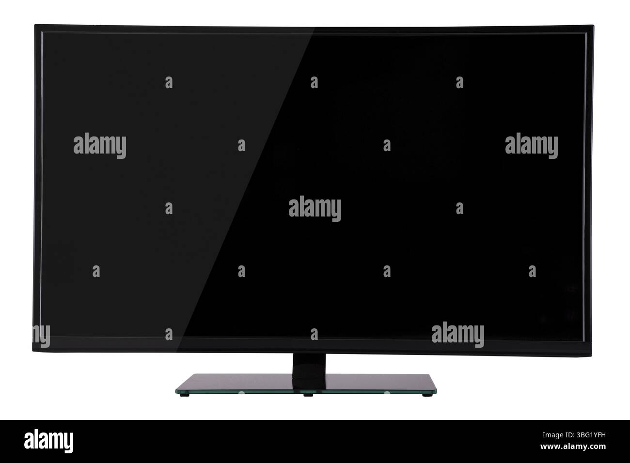Modern slim plasma TV on black glass stand isolated on a white ...