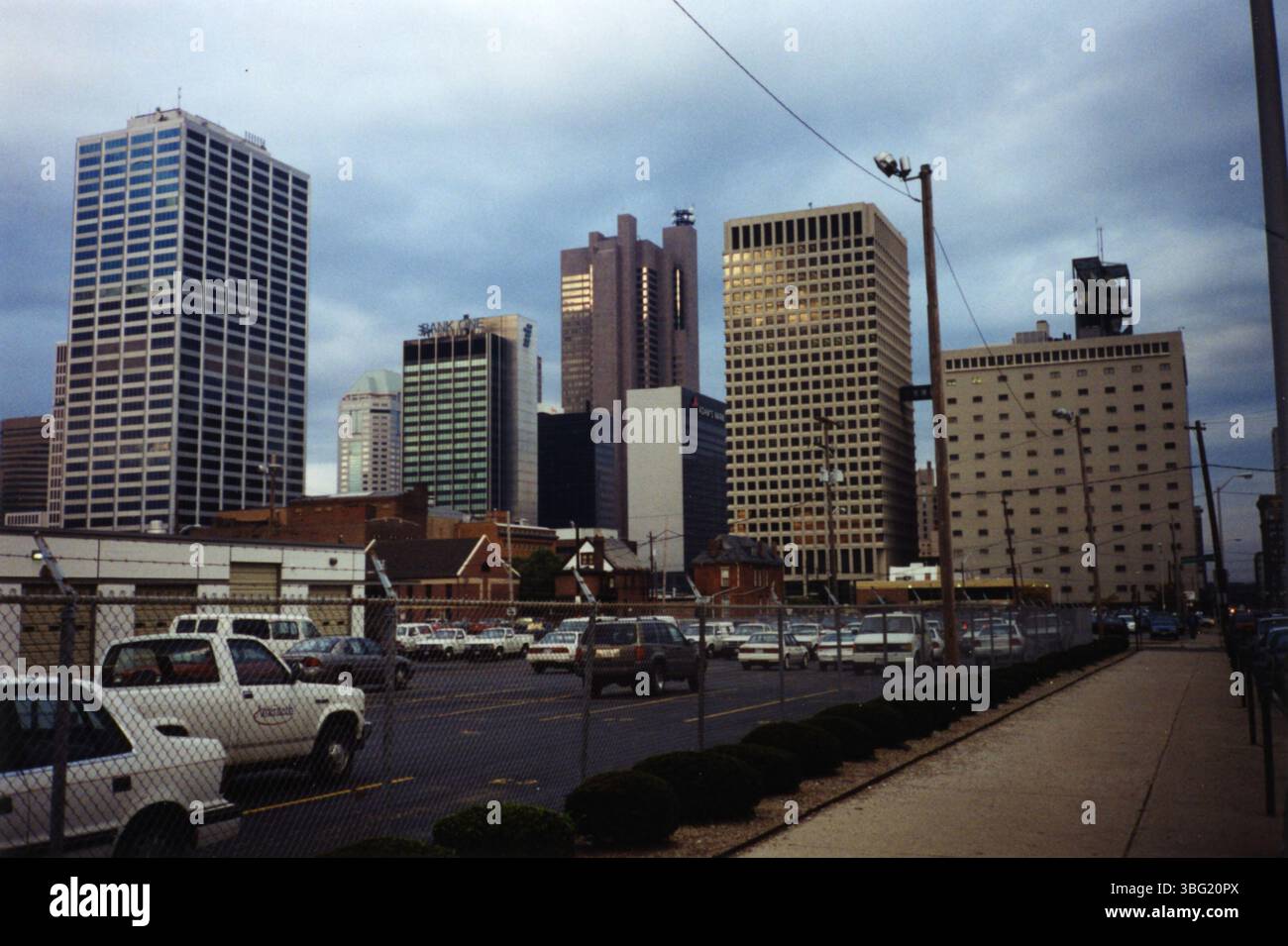 This 1997 photograph shows a view of several skyscrapers in downtown ...