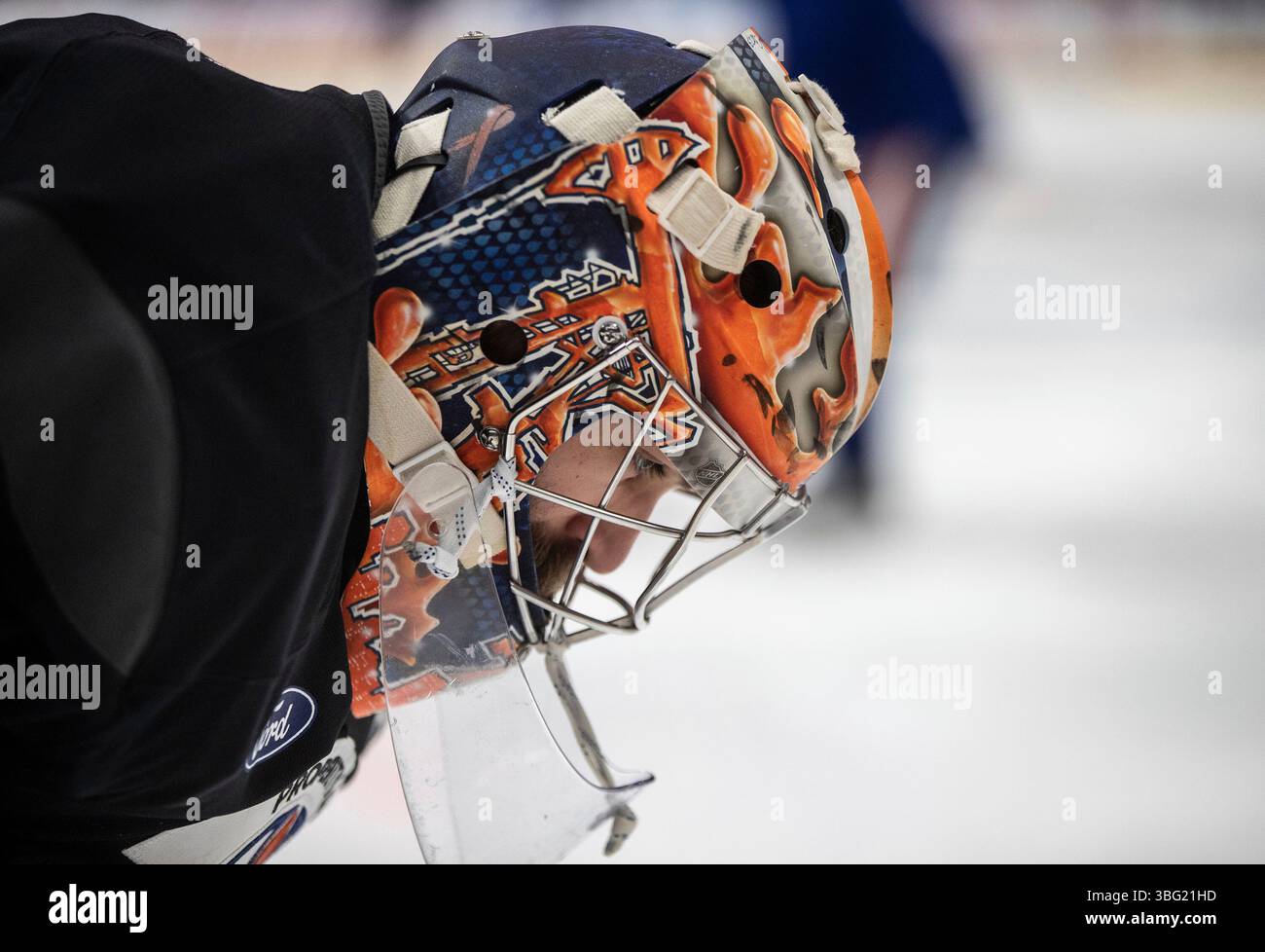 Edmonton Oilers goalie Stuart Skinner (74) takes part in practice ...