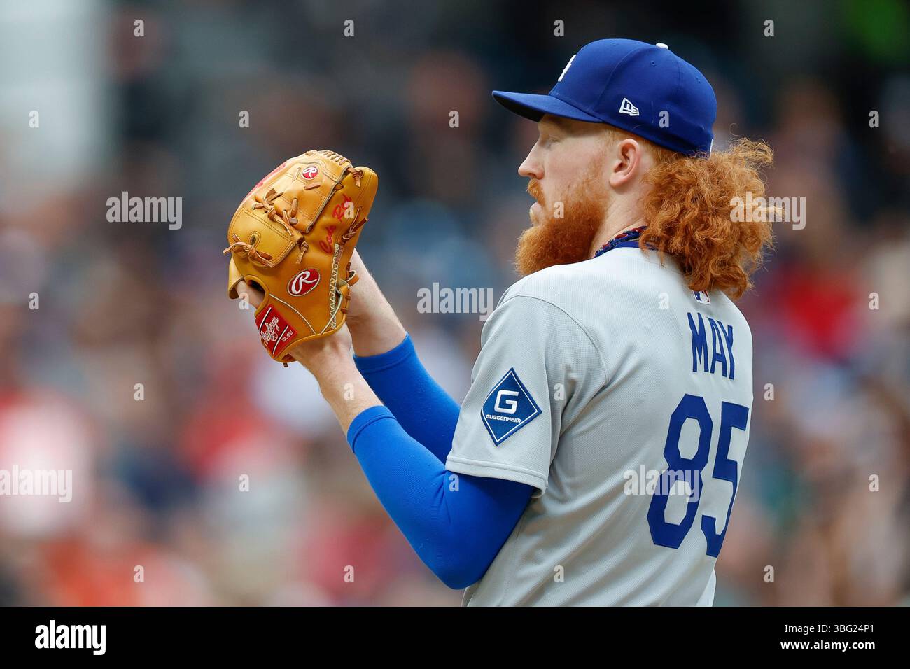 Dustin May #85 of the Los Angeles Dodgers prepares to throw a pitch ...