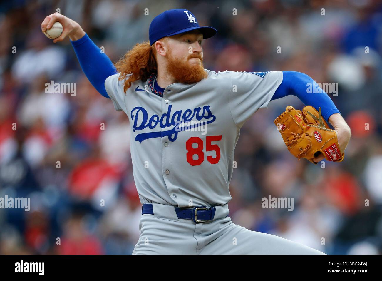 Dustin May #85 of the Los Angeles Dodgers throws a pitch during a game ...