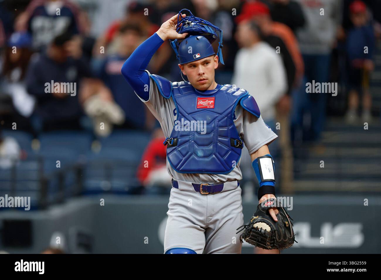 Dalton Rushing #68 of the Los Angeles Dodgers looks on during a game ...