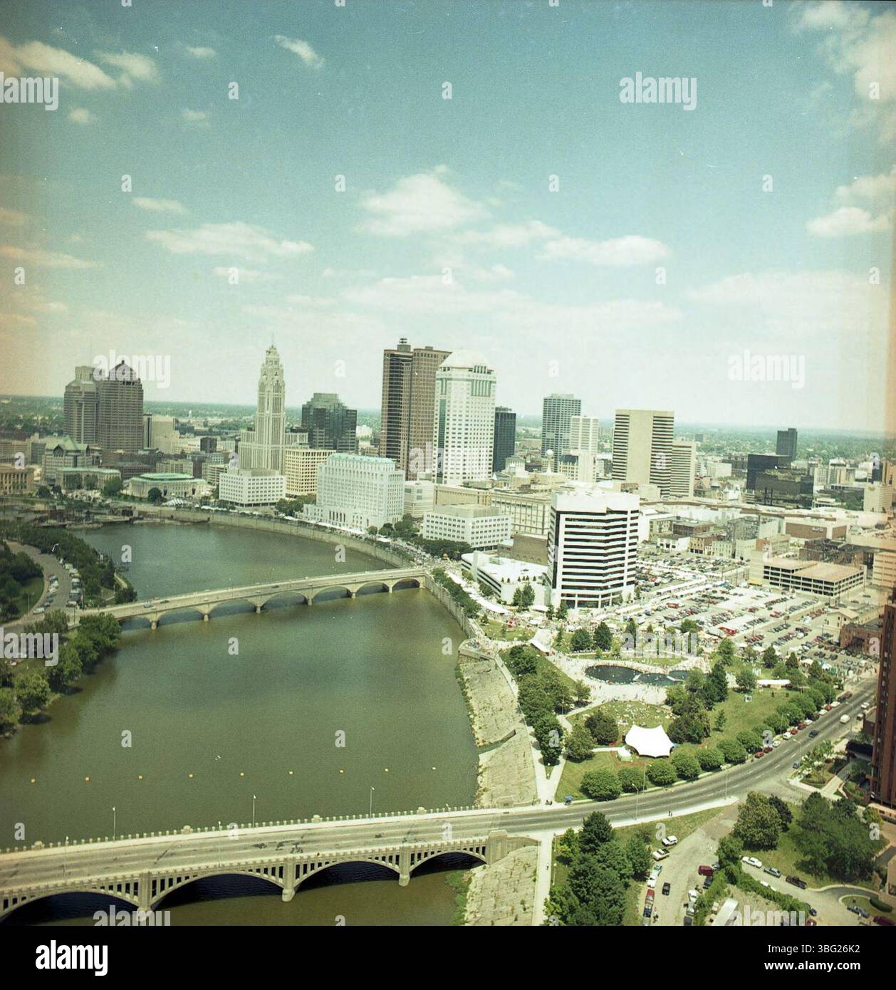 High-altitude northeast aerial view of Columbus, Ohio’s downtown area ...
