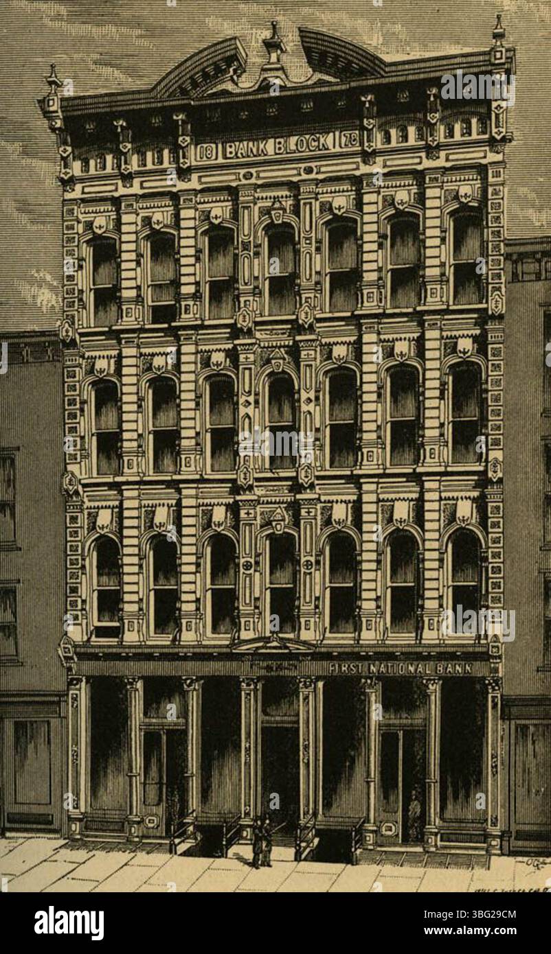 This 1885 engraving depicts the First National Bank Block building in ...
