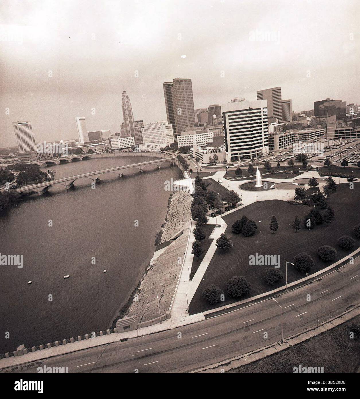 Aerial views taken in 1984 of Columbus, Ohio, looking north and east ...