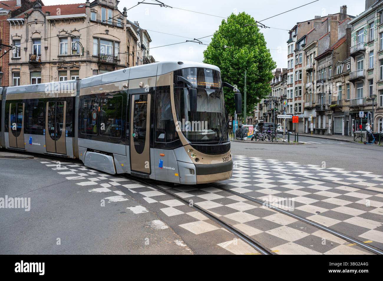 Tramway tracks and traffic intersection at the Belgica Avenue in ...
