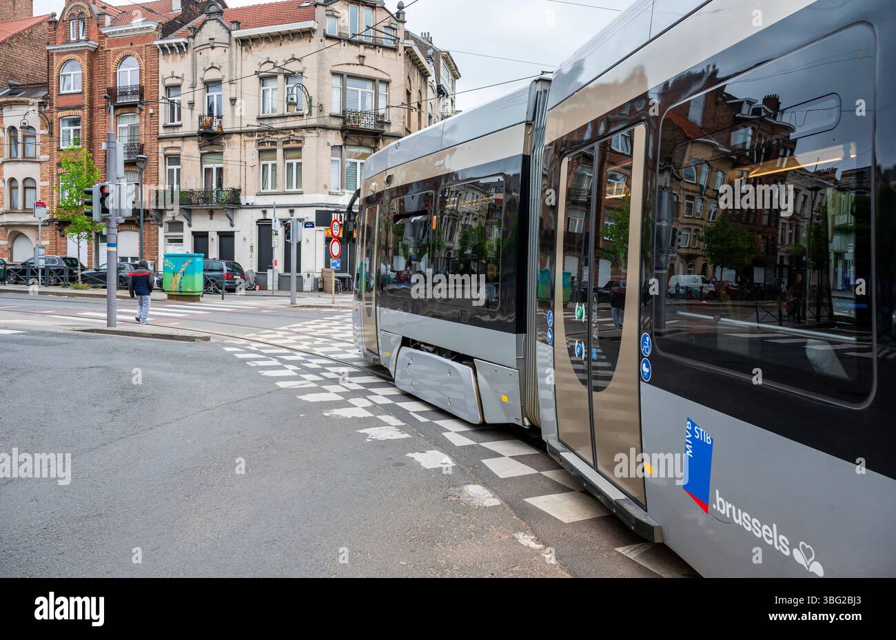 Tramway tracks and traffic intersection at the Belgica Avenue in ...