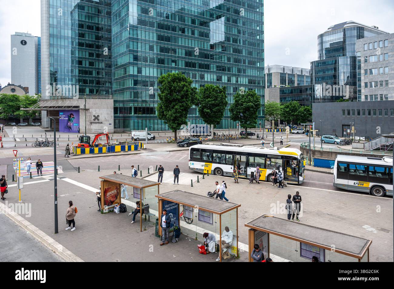 High angle view over Place du Nord - Noordplein, with people waiting at ...