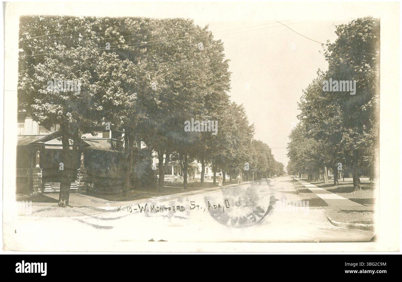 A 1910 photograph of West Montford Street in Ada, Ohio, showing a ...
