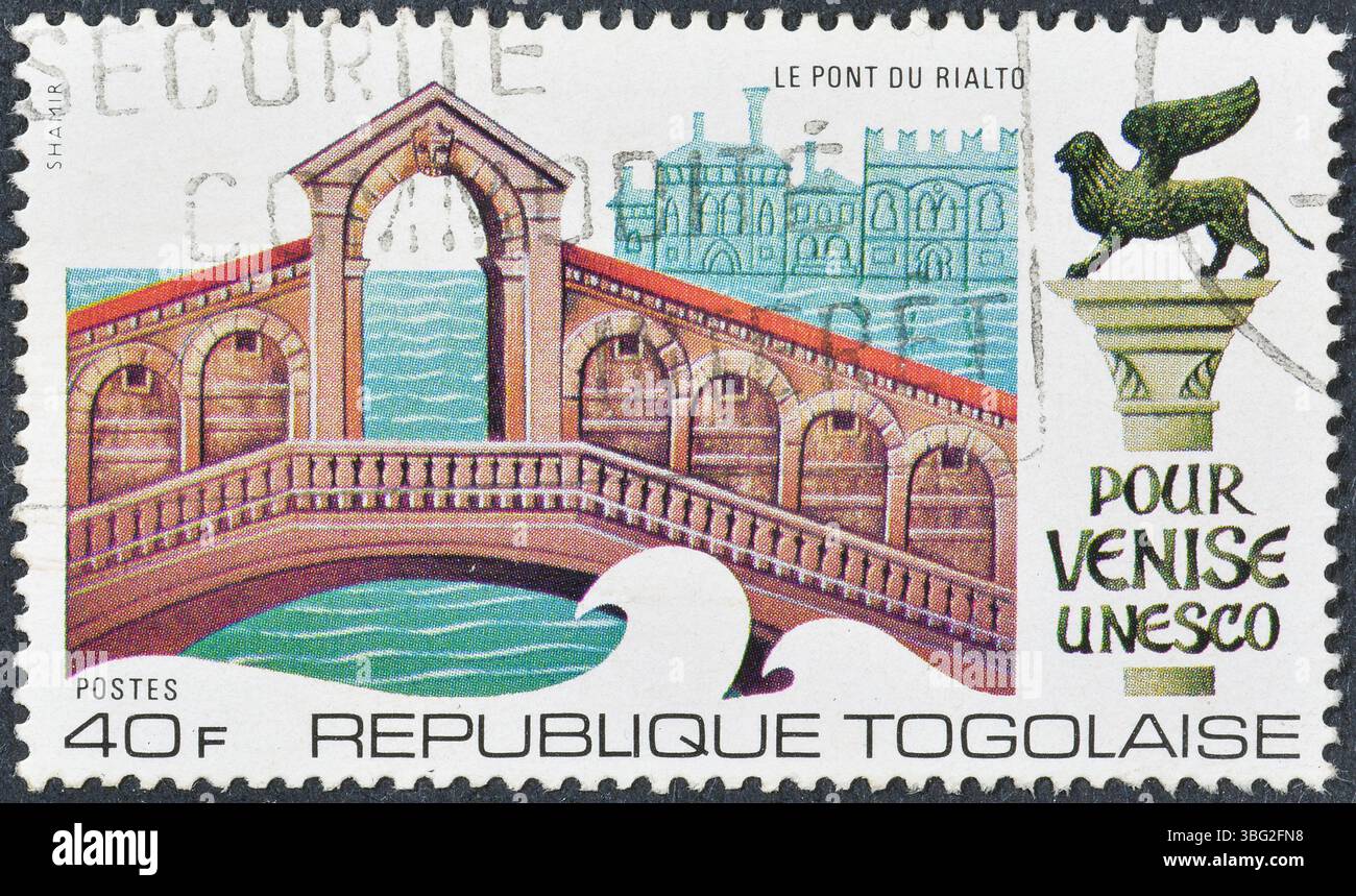 Cancelled postage stamp printed by Togo, that shows Rialto, UNESCO ...