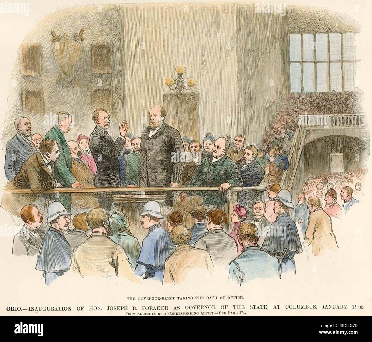 This illustration depicts Joseph B. Foraker taking the oath of office as Governor of Ohio on ...