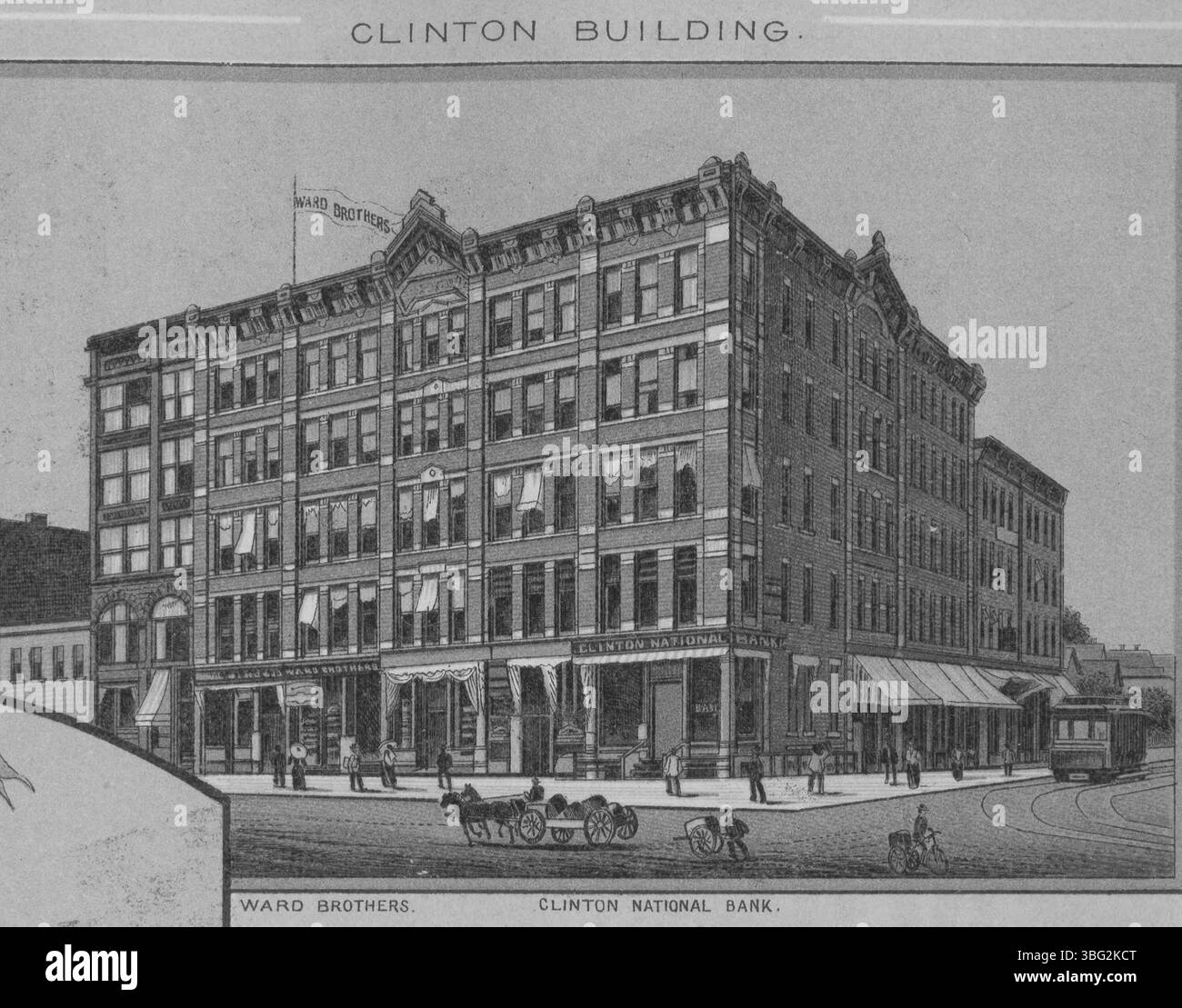 The engraving depicts the Clinton Building, a historic structure that ...