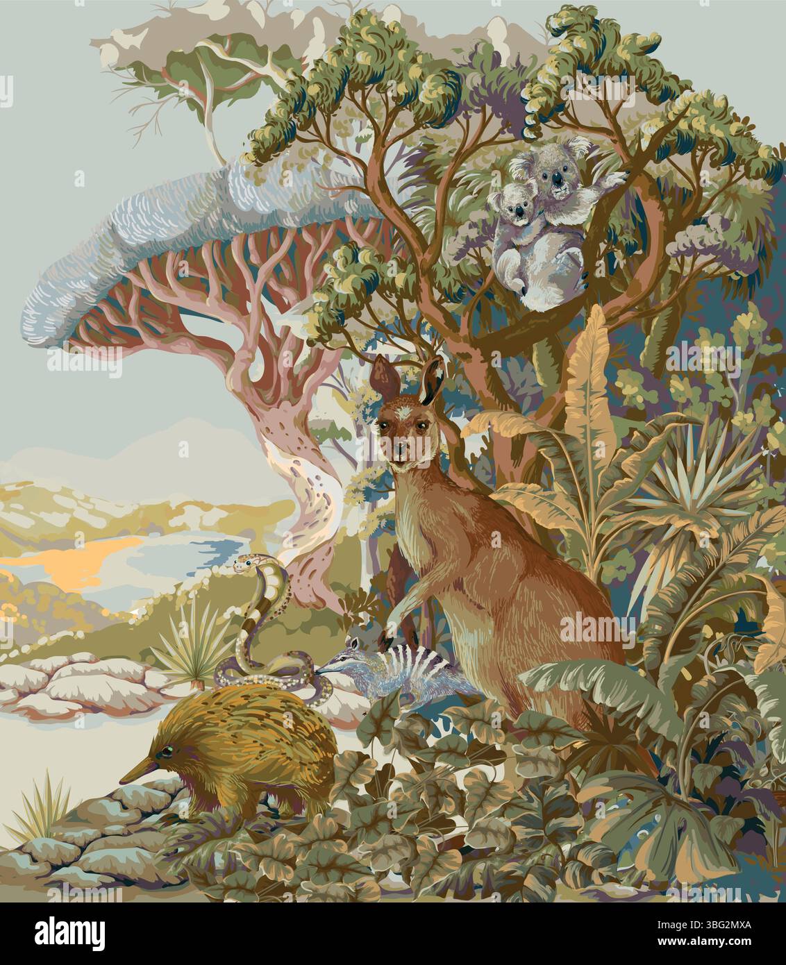 Australian landscape with animals and trees. Vector Stock Vector Image ...