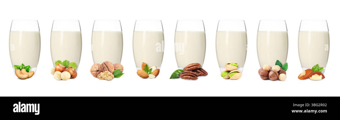 Different types of nut milk in glasses isolated on white, set Stock ...