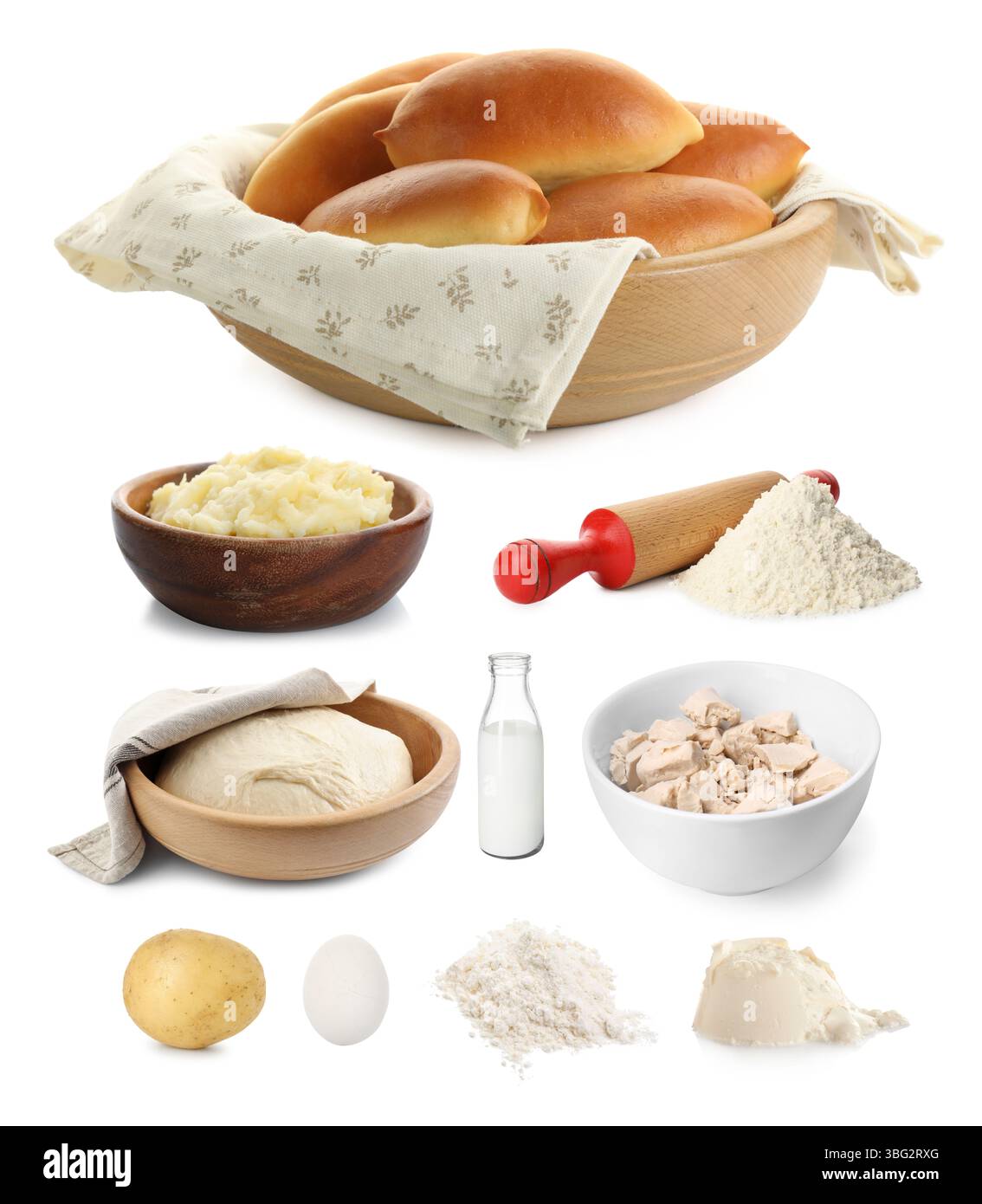 Tasty baked patties and ingredients isolated on white, set Stock Photo ...