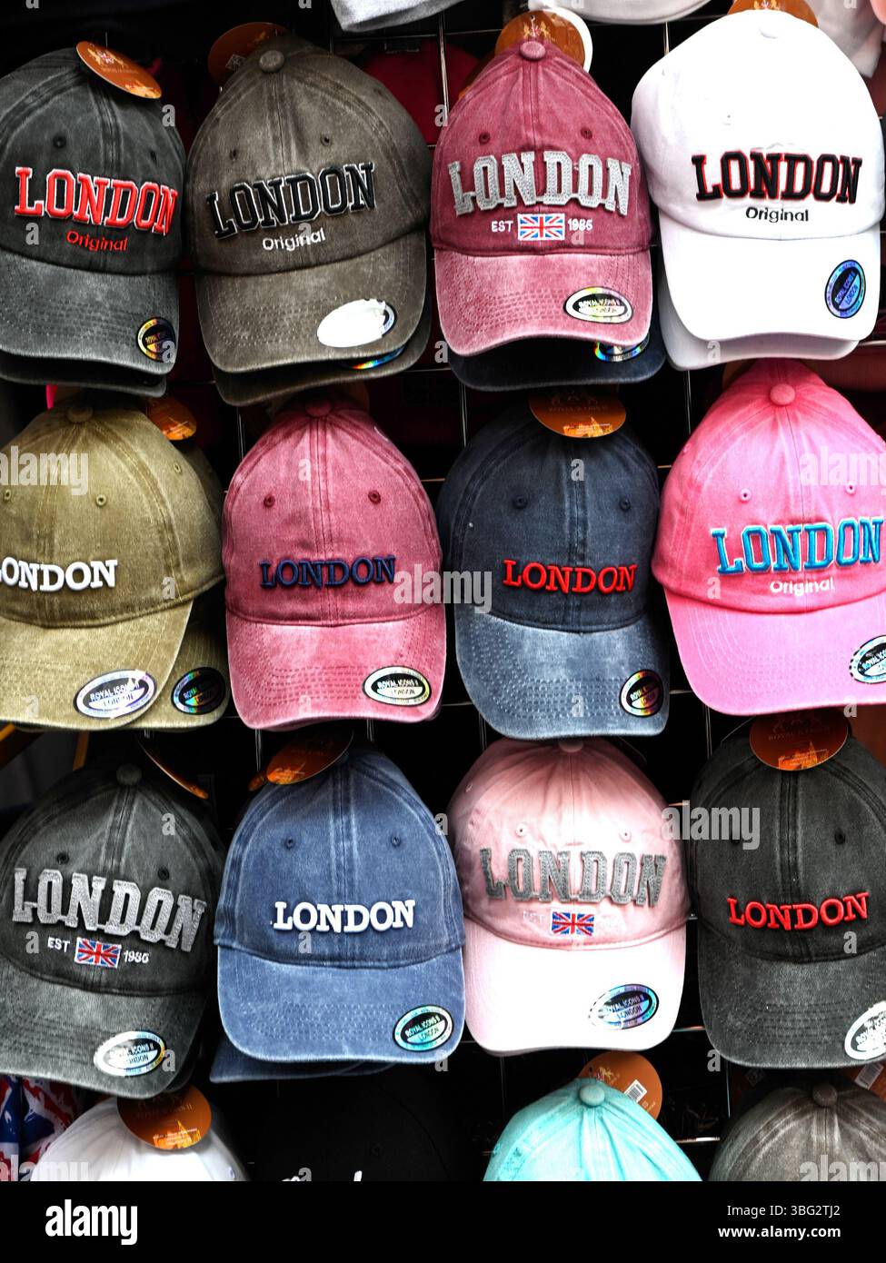 LONDON, UK - MAY 31, 2025: Colourful London branded souvenir polo caps ...