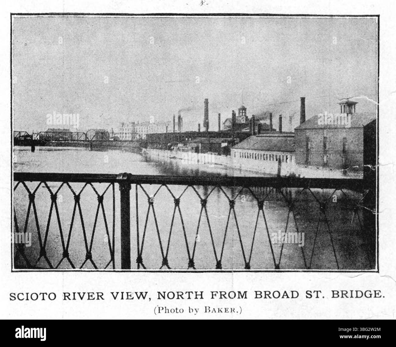 This photograph shows the East Bank of the Scioto River in Columbus from the Broad Street Bridge ...