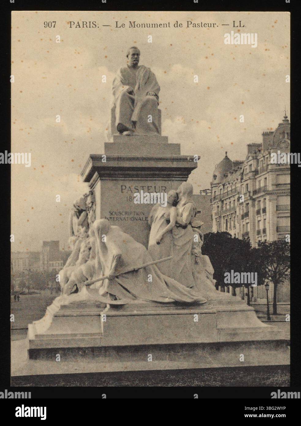 A postcard from circa 1920 depicting a statue of Louis Pasteur, a ...
