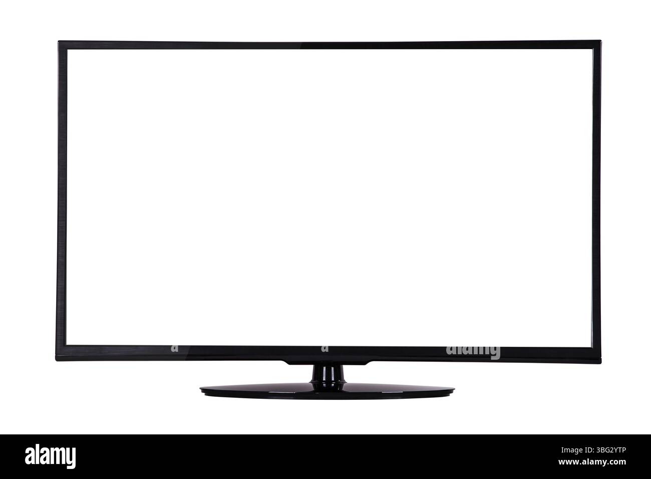 Modern slim plasma TV on a black stand isolated on a white background ...