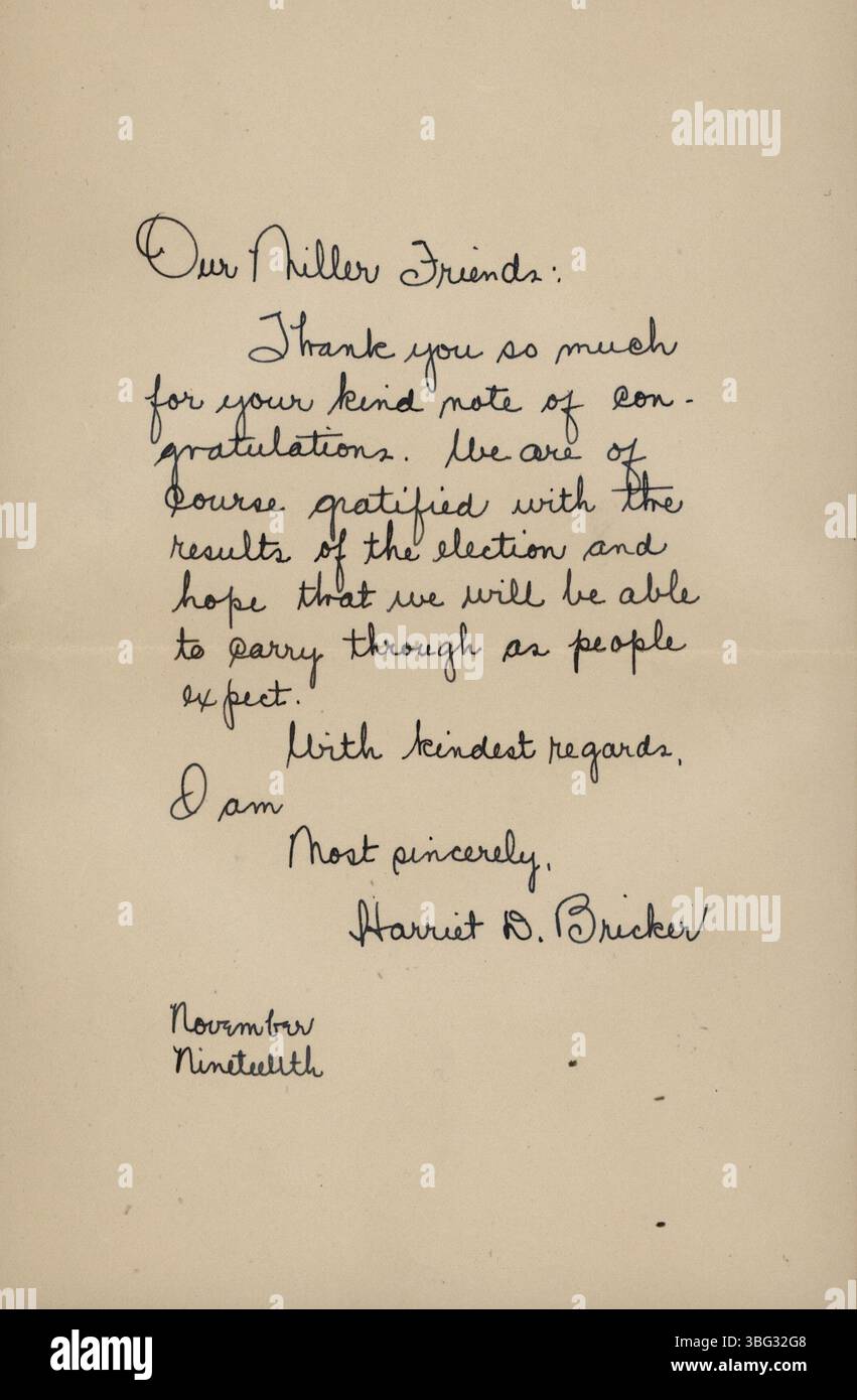 A letter from Harriet D. Bricker, wife of Ohio Governor John W. Bricker ...
