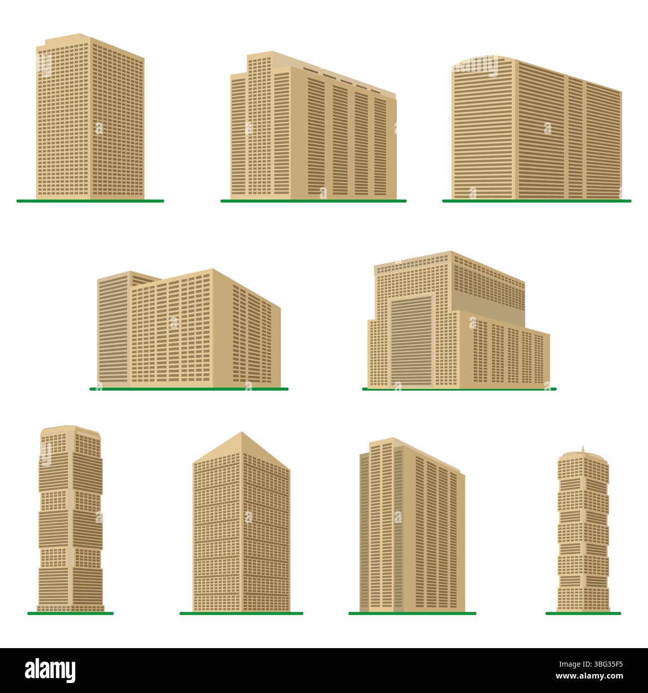 Set of nine modern high-rise building on a white background. View of ...