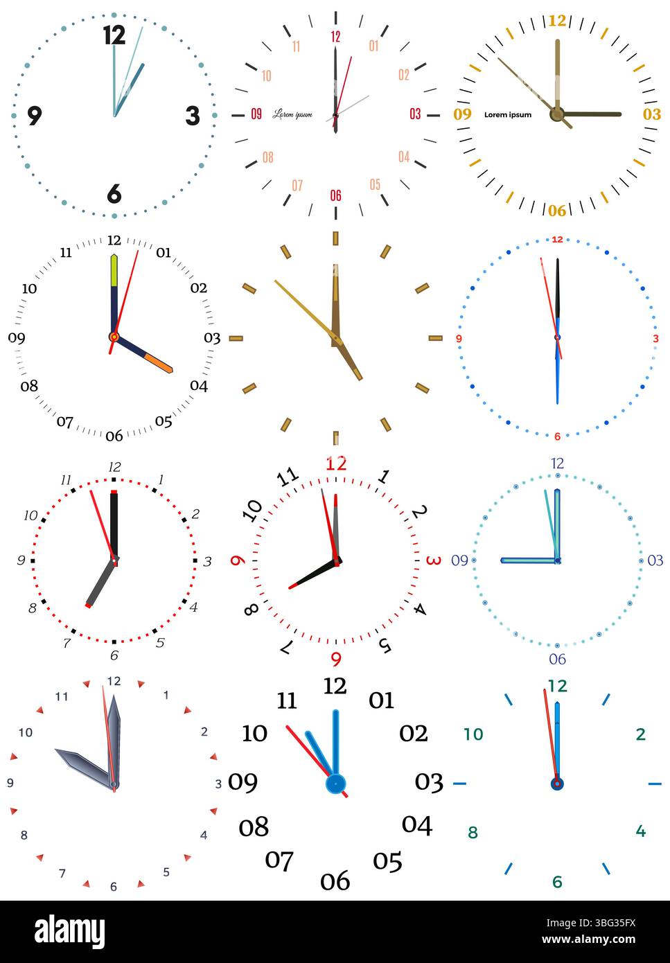 A set of different mechanical clocks with an image of each of the twelve hours. Clock face on ...