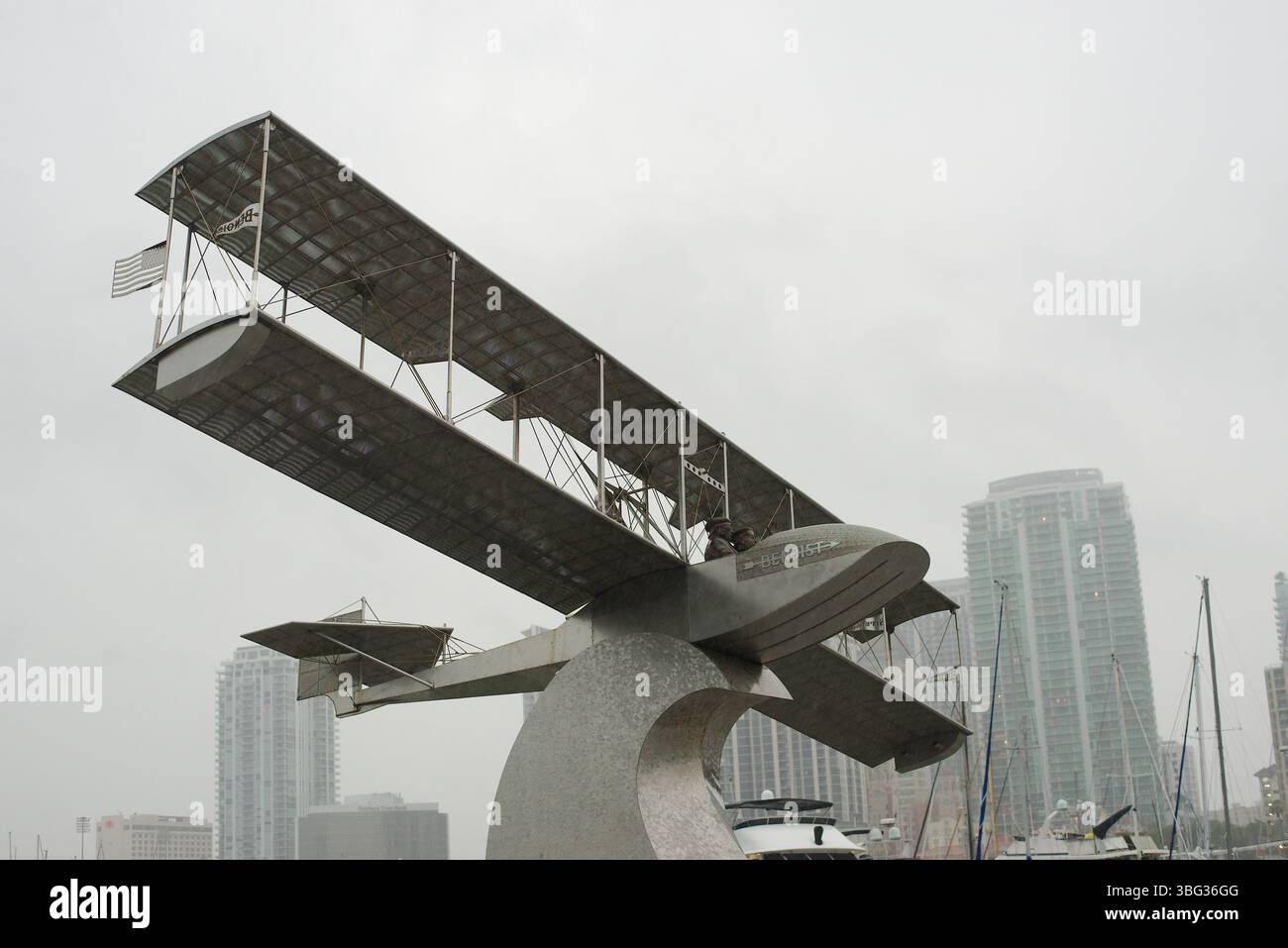 Cloudy morning sky “First Flight” a life-sized sculpture of the Benoist ...