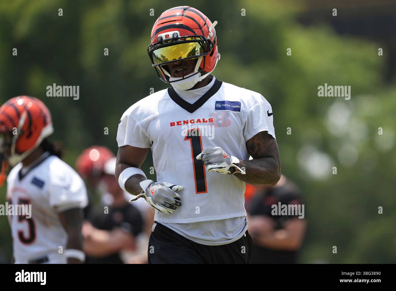 Cincinnati Bengals wide receiver Ja'Marr Chase (1) jogs to the line of ...
