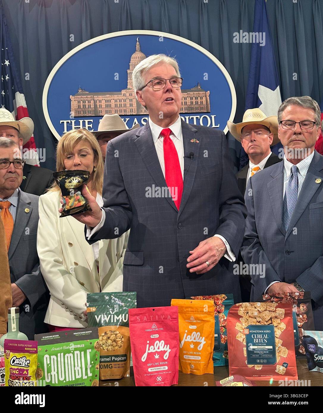 Texas Lt. Gov. Dan Patrick shows products containing THC while calling ...