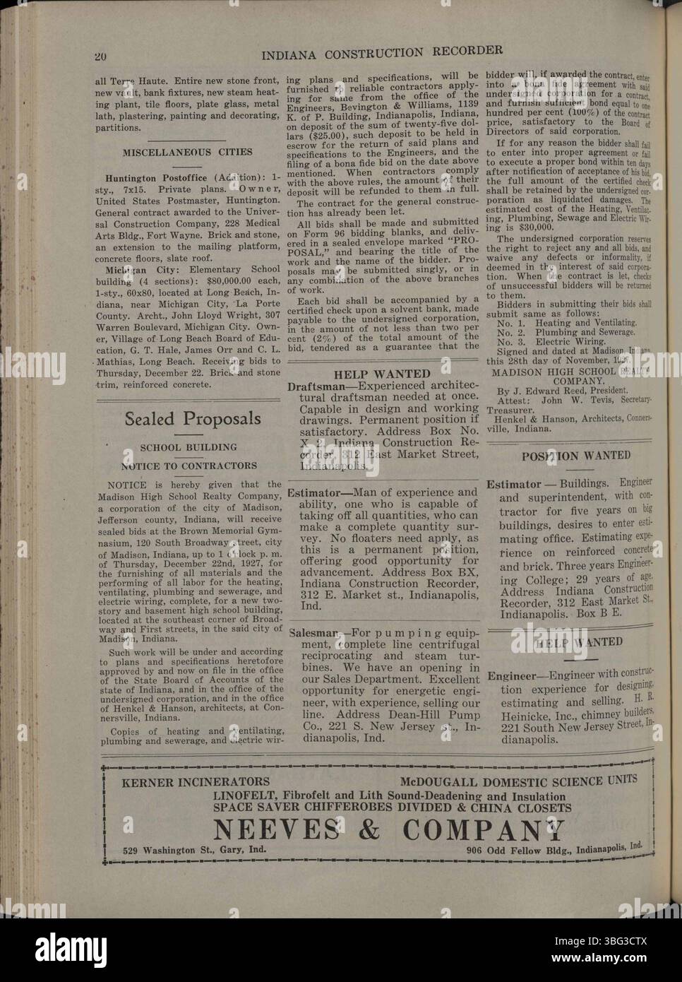 This page of the Indiana Construction Recorder, dated December 10, 1927 ...
