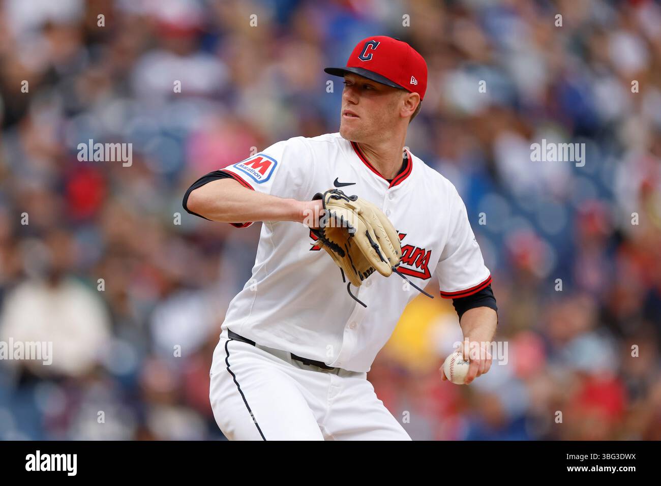 Kolby Allard #49 of the Cleveland Guardians throws a pitch during a ...