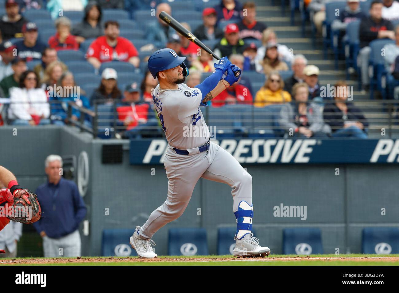 Andy Pages #44 of the Los Angeles Dodgers lines out during a game ...