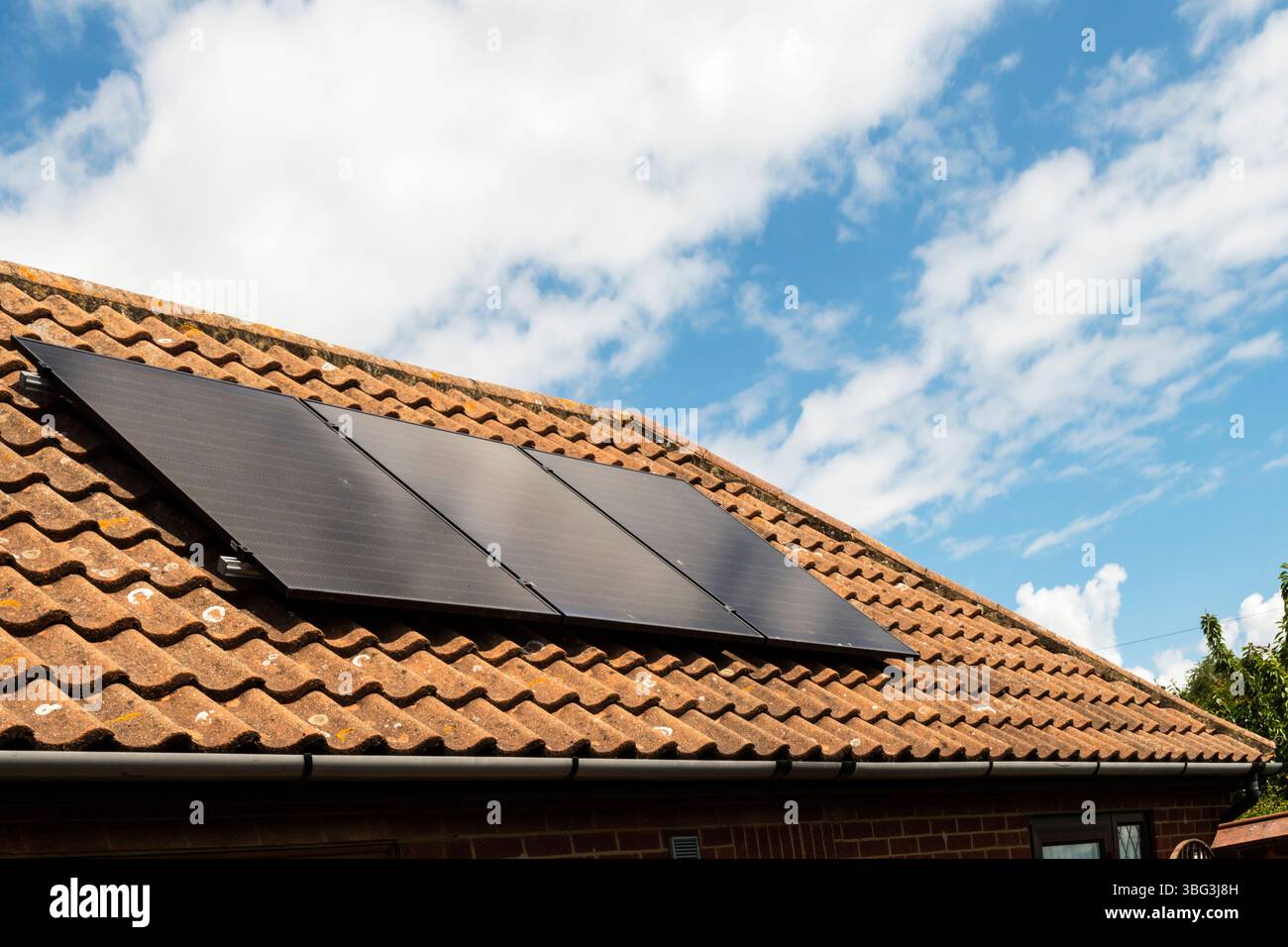 Caption: Solar panel pv cells on the pantiled roof of a Norfolk cottage ...