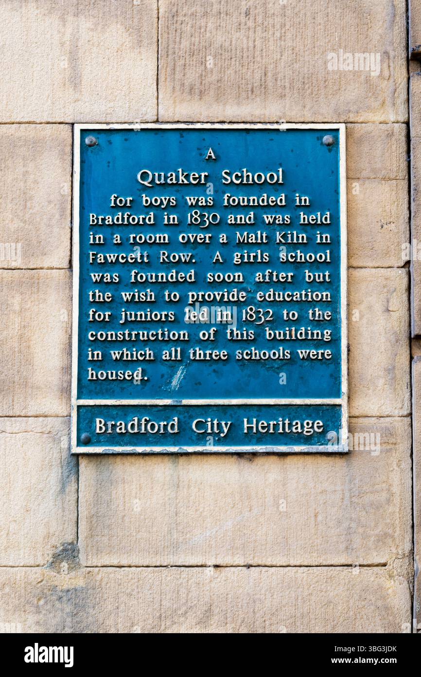 Bradford City Heritage sign on the Quaker School in Bradford Stock ...