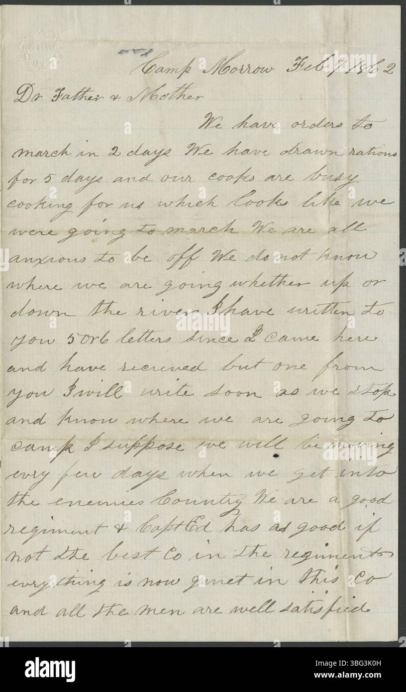 This letter from John Kinney, dated February 7, 1862, to his parents at ...