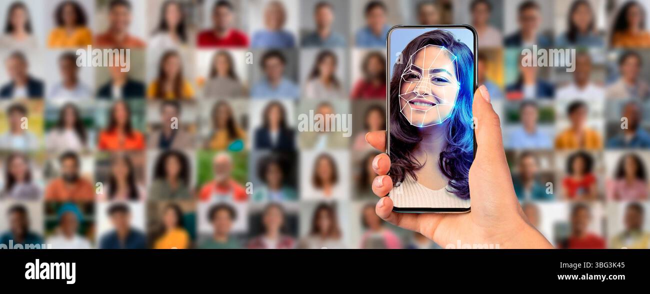 Facial recognition technology displayed on smartphone against crowd ...